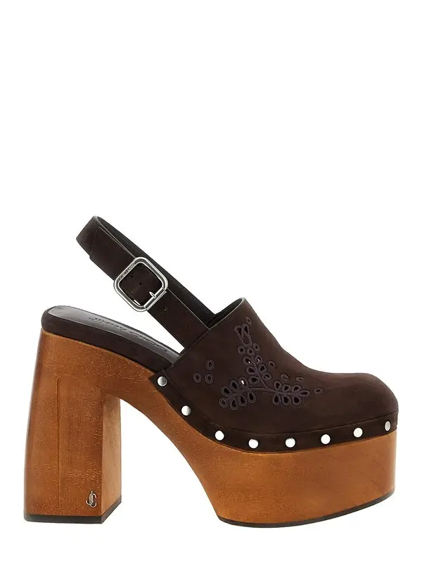 JIMMY CHOO Alida Suede Clogs With Cut-out Embroidery - Brown