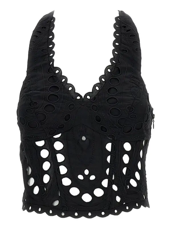 Charo Ruiz Ibiza Black Eyelet Halter Top - Multicolor