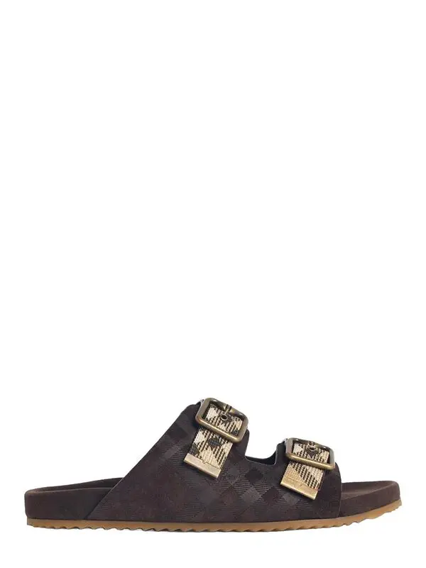 Burberry Suede Sandals With Double Buckle Closure And Checked Detail - Brown