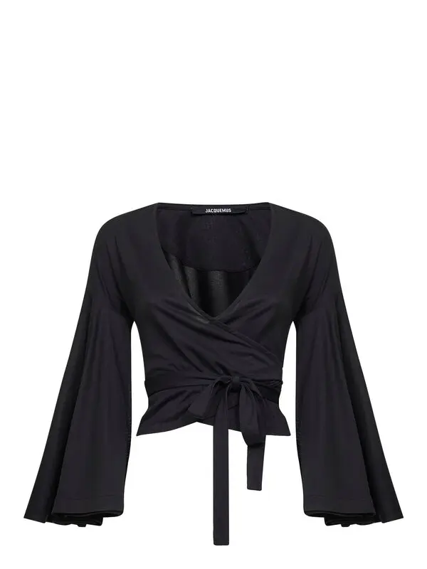 Jacquemus Black Jersey Wrap Top With Flared Sleeves - Multicolor