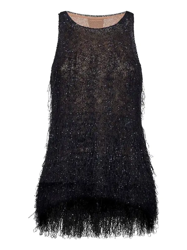 Giorgio Armani Blue Lurex Jersey Top With Fringes And Sequins - Multicolor