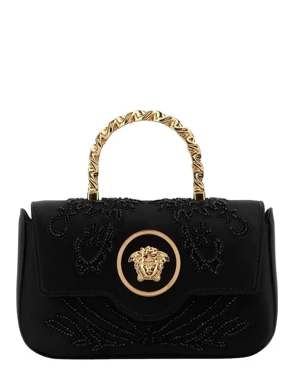 Versace Satin Handbag With Golden Metal Finishing - Black