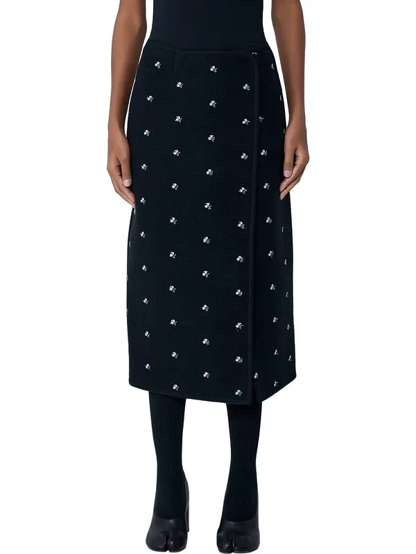 RIER Riker Walker Wrap Midi Skirt With Floral Embroidery - Black