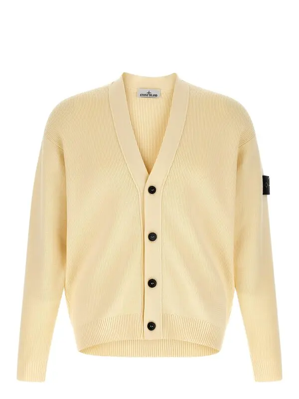 Stone Island 5100009 Ribbed Cotton V-neck Cardigan - Cream