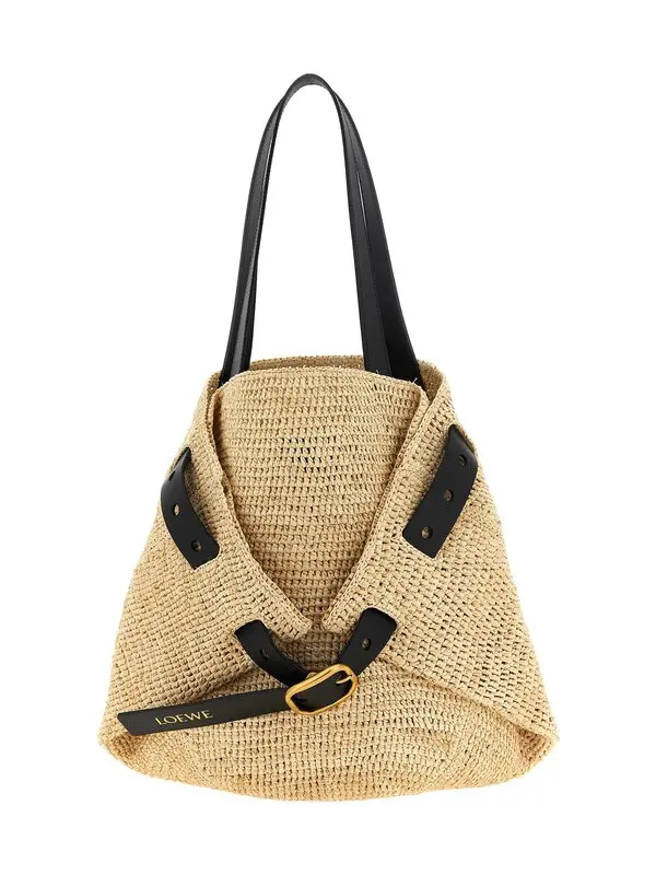 Loewe Medium Raffia Shopping Bag With Leather Belt Detail - Cream