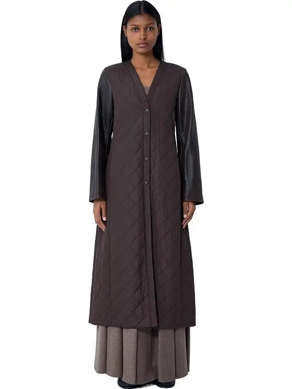 Max Mara Quilted Maxi Coat With Leather Sleeves - Brown