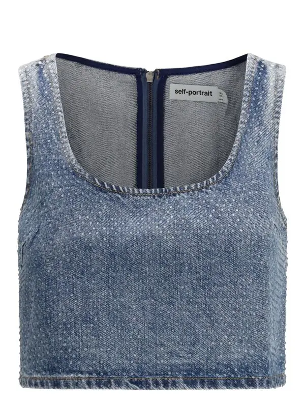 SELF-PORTRAIT Rhinestone Denim Cropped Top - Blue