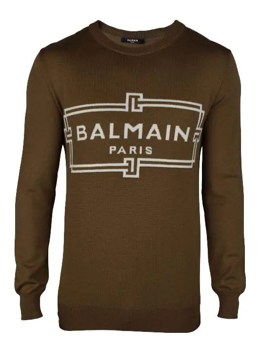 Balmain Khaki Wool Sweater With White Logo - Yellow