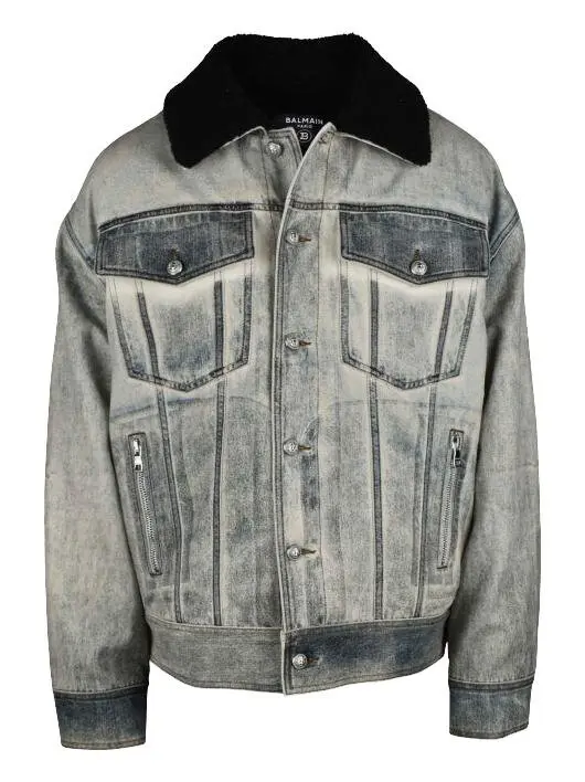 Balmain Denim Jacket With Embossed Logo And Black Collar - Blue