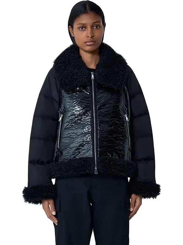 Moncler Short Padded Jacket With Shearling Trims And Glossy Panel - Black