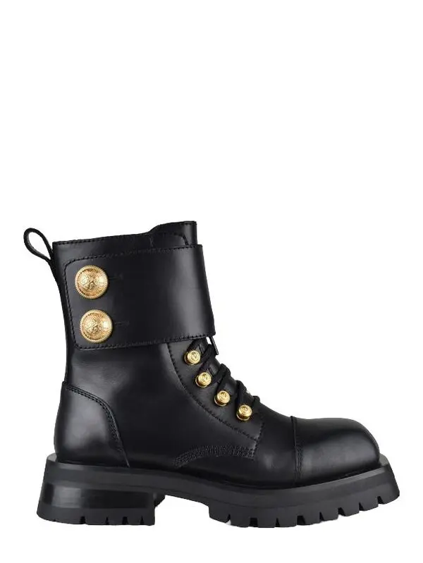 Balmain Leather Ranger Army Boots With Gold Embossed Button Detail - Black