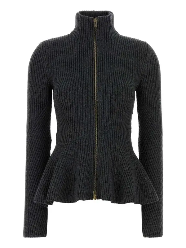 Alaïa Ribbed Knit Cardigan With Peplum Detail - Gray