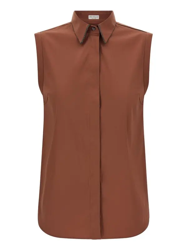 Brunello Cucinelli Sleeveless Shirt With Monile Trim - Brown