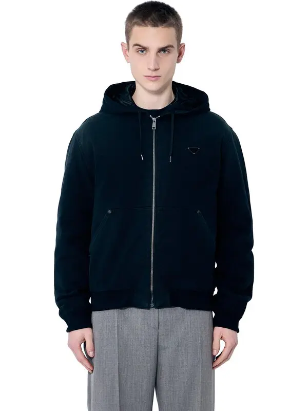 Prada Denim Hooded Jacket With Logo Plaque - Black