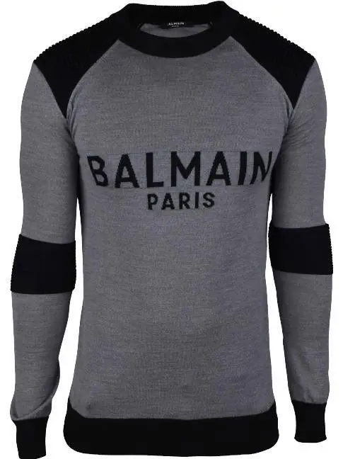 Balmain Grey Wool Sweater With Black Logo And Sleeve Inserts - Gray