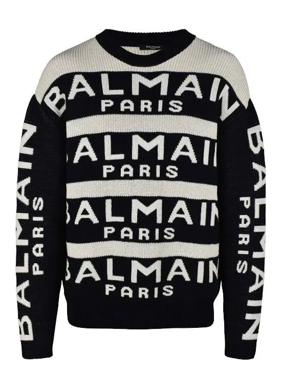 Balmain Striped Logo Knit Sweater - Black