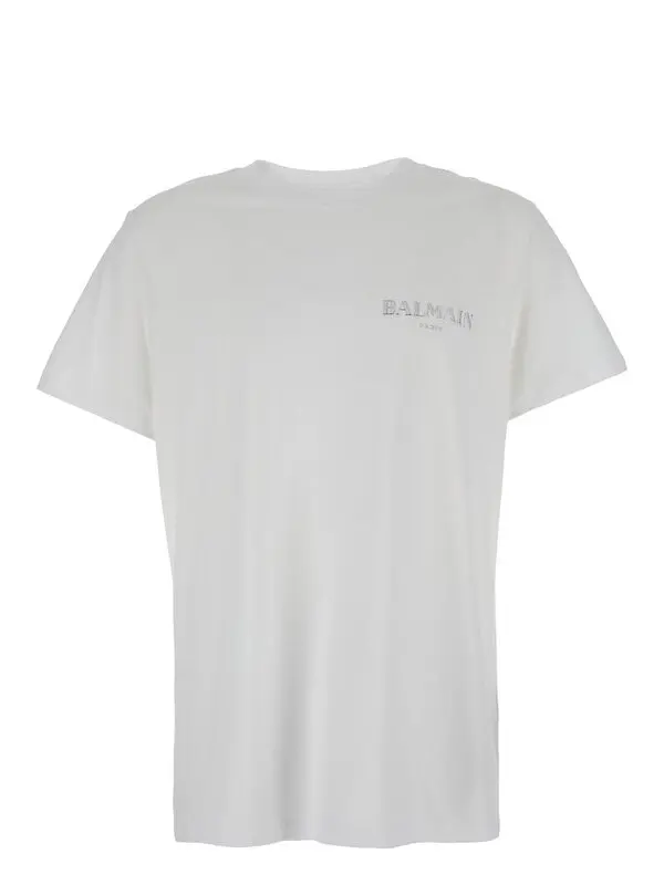 Balmain White Crewneck T-shirt With Logo Lettering On The Front In Cotton - Multicolor