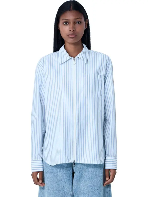 Moncler Striped Poplin Shirt With Logo Patch - White