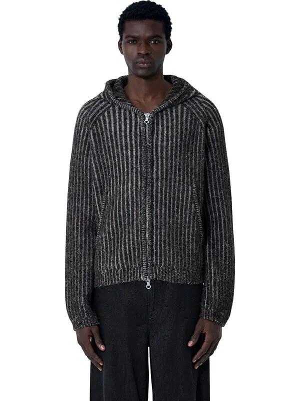 Our Legacy Wool Rib Knit Full Zip Hooded Sweatshirt - Brown