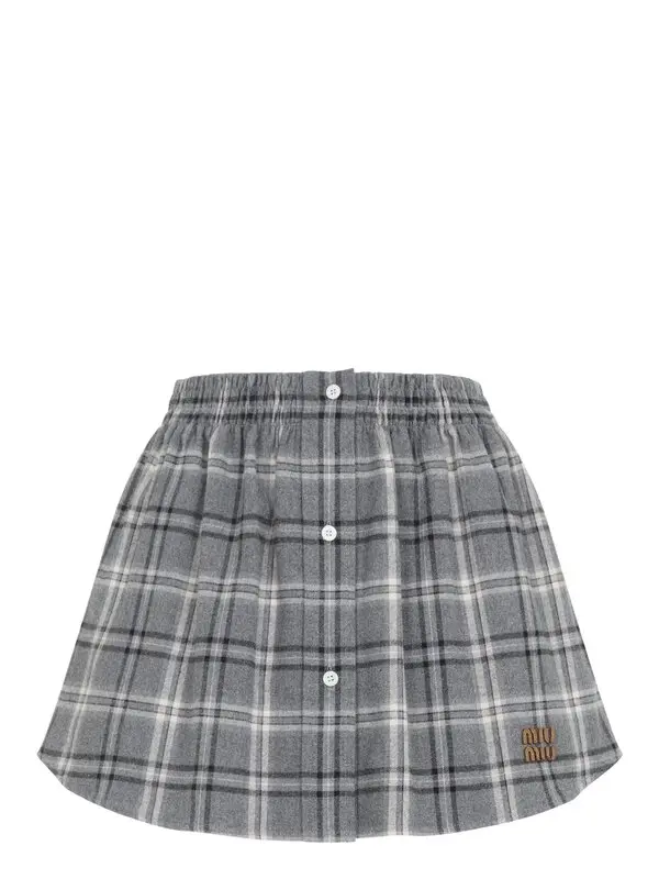 Miu Miu Checked Cotton Midi Skirt With Embroidered Logo - Gray