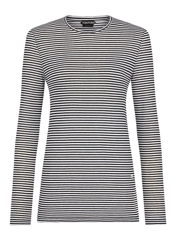 TOM FORD Long-sleeved Striped T-shirt With Tonal Tf Embroidered Logo - Black