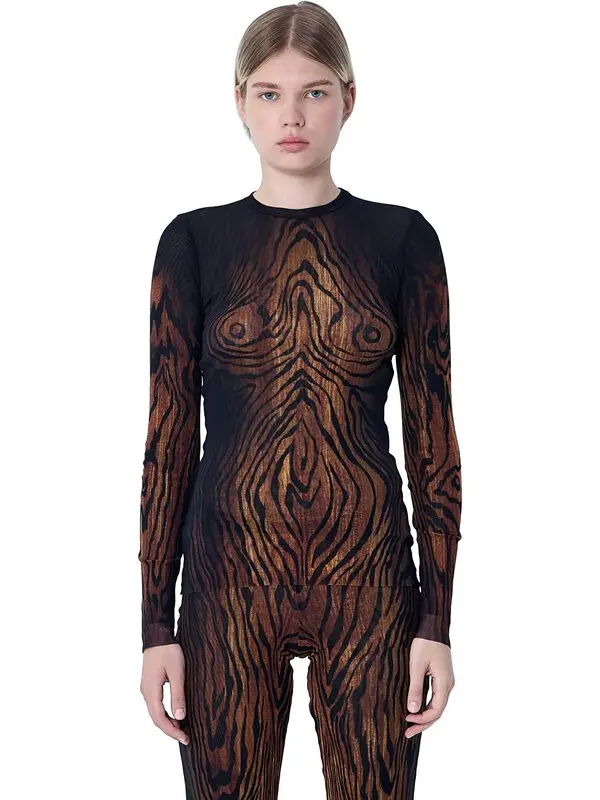 JEAN PAUL GAULTIER Long Sleeve Wood Print Mesh Top - Black