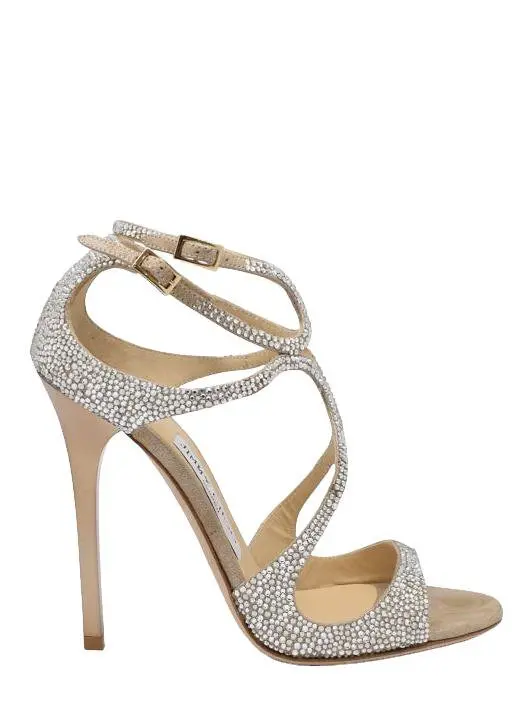 JIMMY CHOO Lance Embellished Suede Sandals With Buckled Ankle Strap - Cream