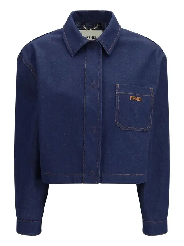 Fendi Cropped Denim Jacket With Embroidered Logo - Blue