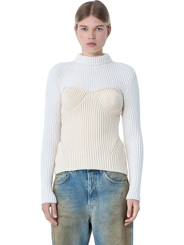JEAN PAUL GAULTIER Ribbed Wool High-neck Sweater With Layered Corset Construction - White