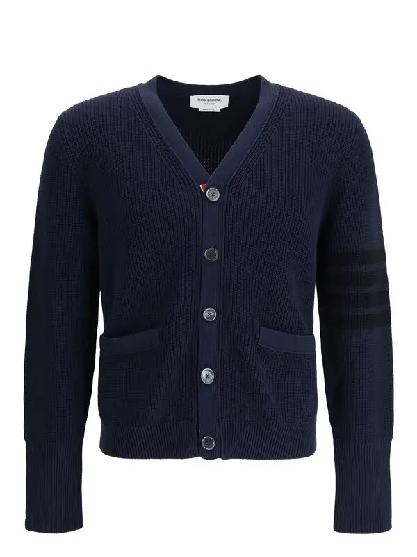 Thom Browne V-neck Cardigan With Signature Striped Armbands - Blue