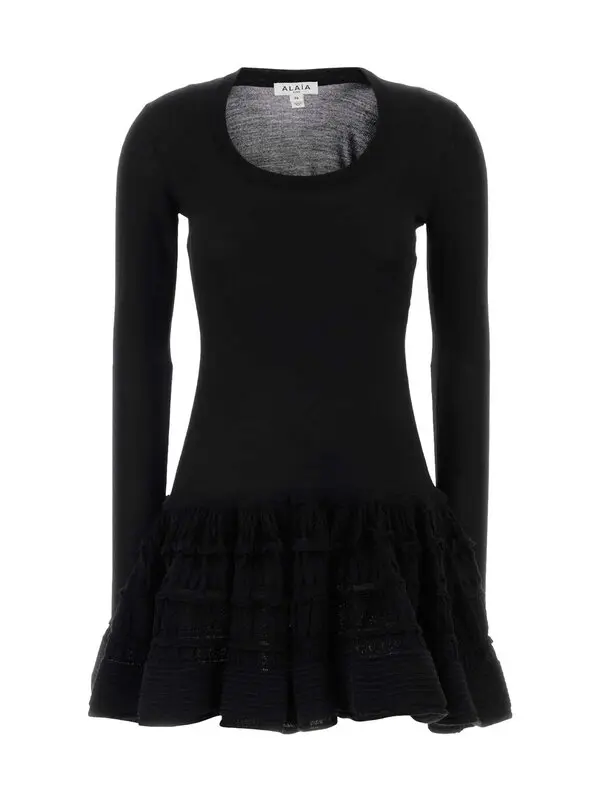 Alaïa Stretch Wool Blend Mini Dress With Ruffle Detail - Black