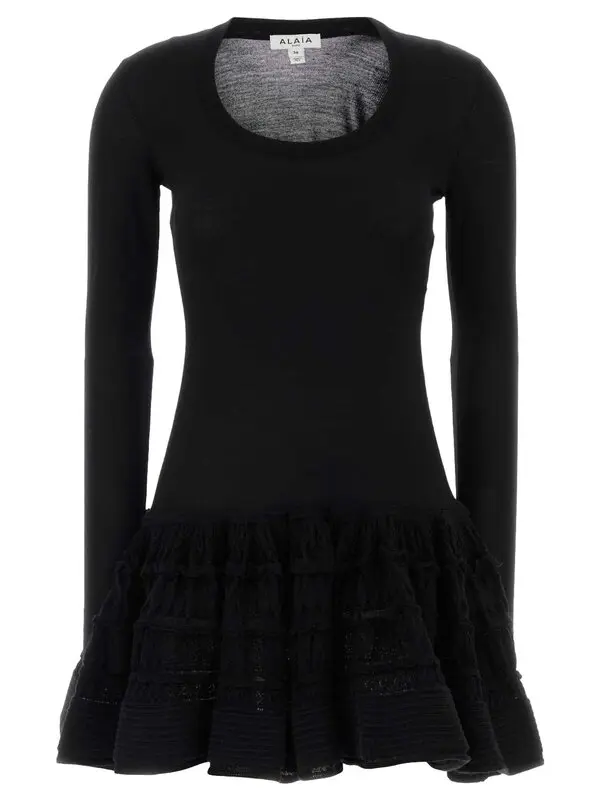 Alaïa Stretch Wool Blend Mini Dress With Ruffle Detail - Black