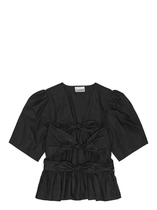 GANNI Cotton Bow Detail Top - Black