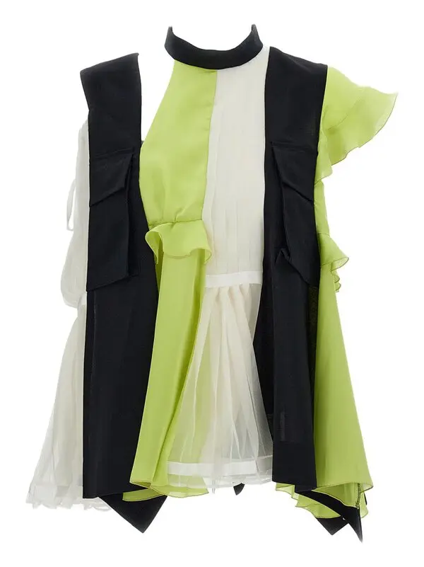 Sacai Paneled Top With Pleated And Sheer Inserts - Multicolor