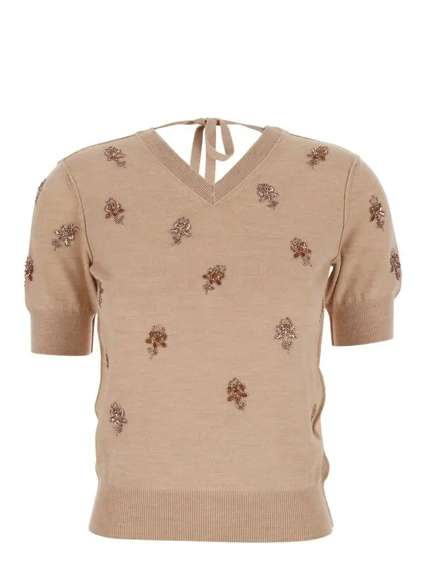 Fendi Wool T-shirt With Floral Embroidery And Tie Detail - Multicolor