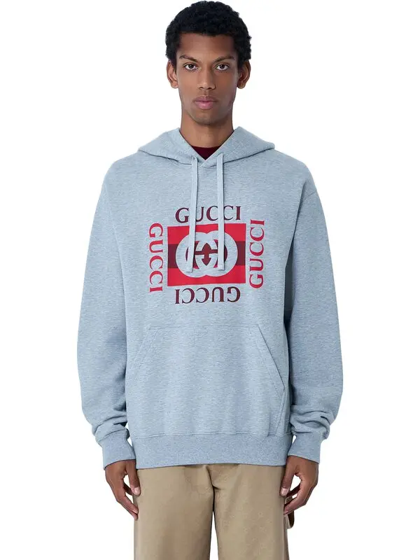 Gucci Logo Motif Cotton Fleece Hooded Sweatshirt - Gray