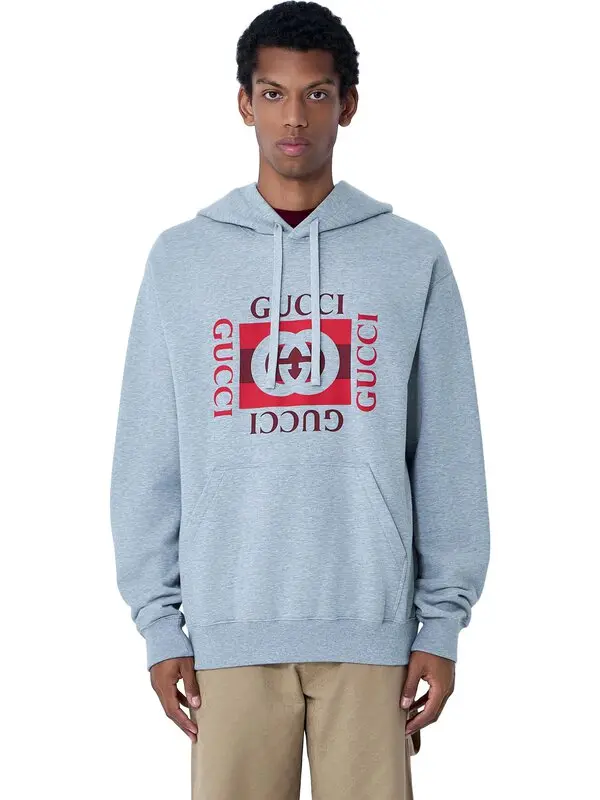 Gucci Logo Motif Cotton Fleece Hooded Sweatshirt - Gray
