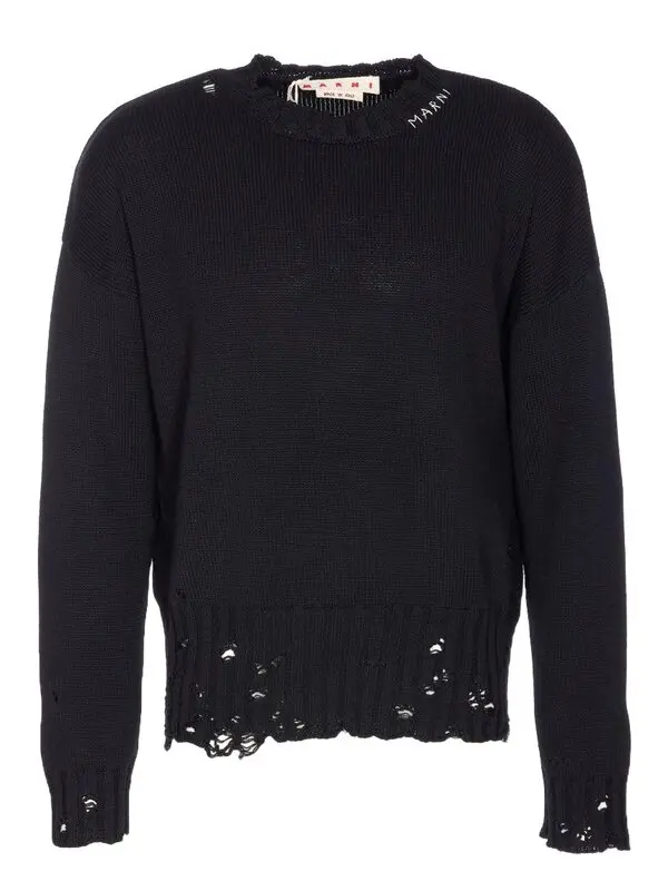 Marni Distressed Embroidered Crew Neck Sweater - Black