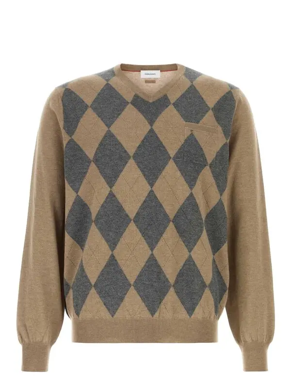 FERRAGAMO Argyle V-neck Wool Sweater - Brown