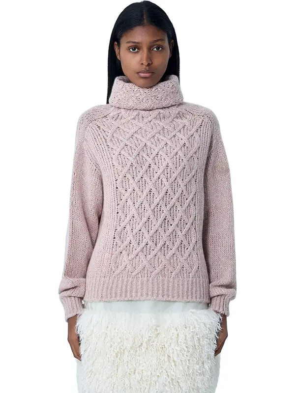Moncler Wool-blend Cable Knit Roll Neck Sweater - Pink