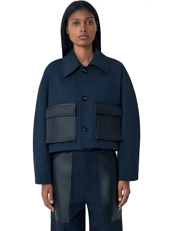 Bottega Veneta Compact Wool And Cotton Twill Jacket With Leather Pockets - Blue