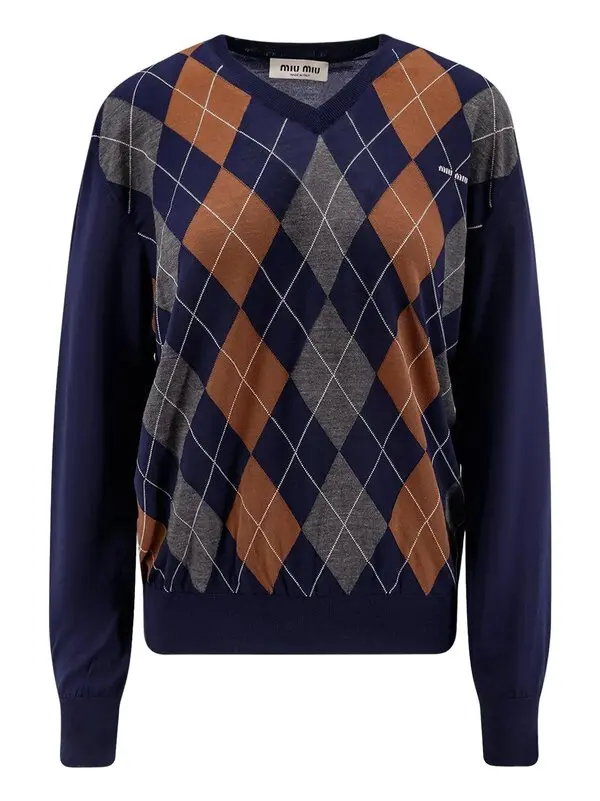 Miu Miu Argyle V-neck Virgin Wool Sweater - Multicolor