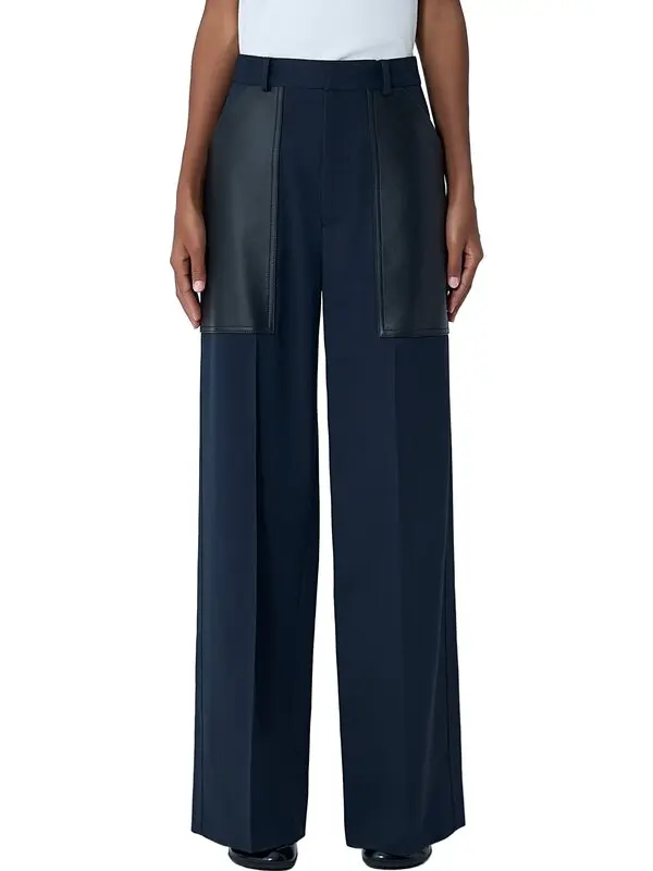 Bottega Veneta Compact Wool And Cotton Twill Pants With Leather Pockets - Blue
