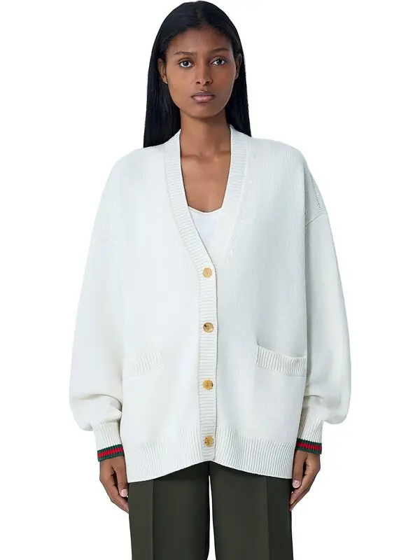 Gucci Wool-and-cashmere-blend V-neck Cardigan With Web Trim - Cream