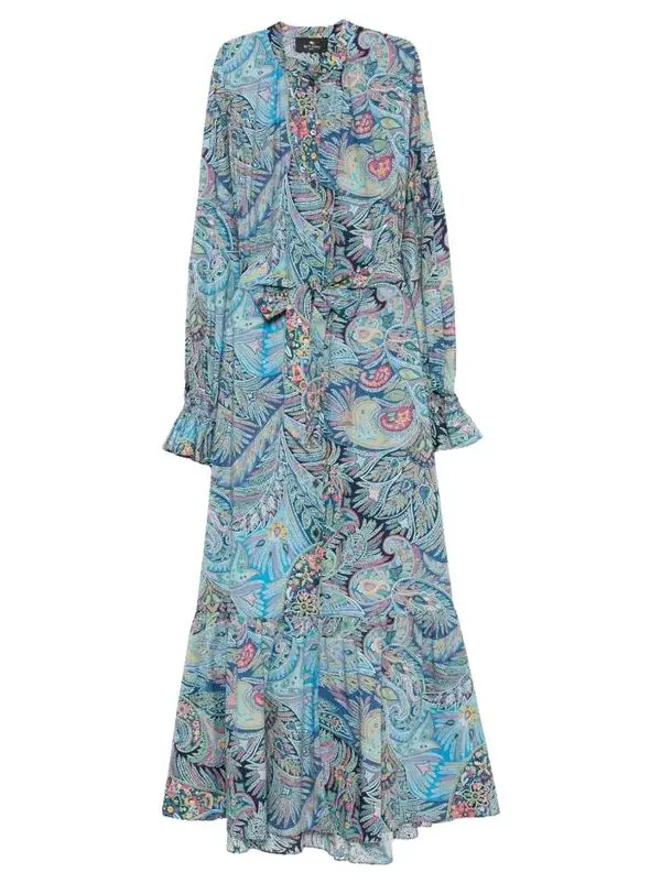 Etro Long Dress With Paisley Pattern And Ruffles - Blue