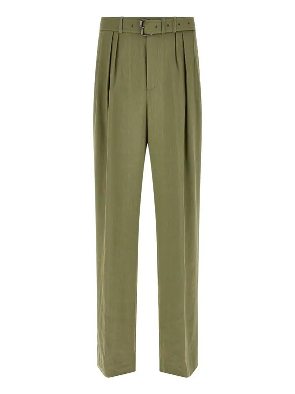 Dries Van Noten Pleated Belted Wide Leg Trousers - Green