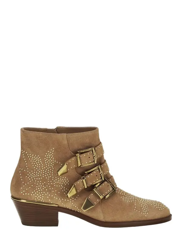 Chloé Suede Studded Buckled Ankle Boots - Cream
