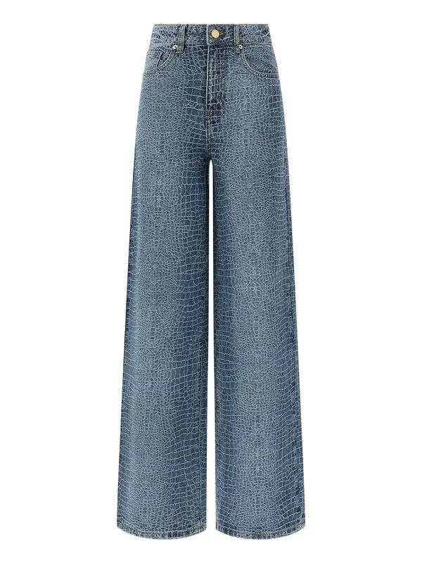 SELF-PORTRAIT Rhinestone Croc Effect Wide Leg Jeans - Multicolor