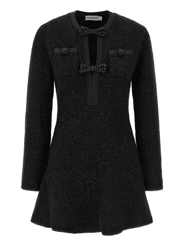 SELF-PORTRAIT Sequin Knit Mini Dress With Bow Detail - Black
