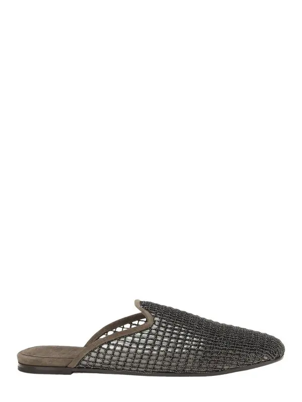 Brunello Cucinelli Suede Mules With Precious Net Embroidery - Gray
